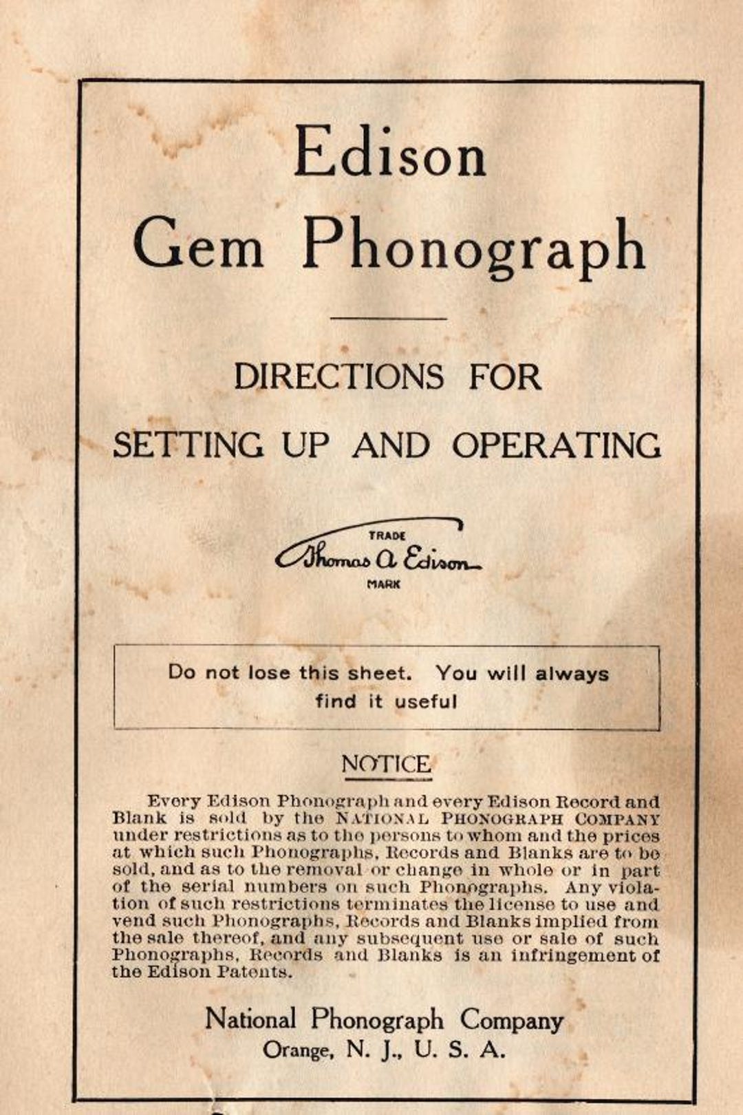 Edison Gem B PDF Manual for Phonograph Portable Gramophone Operation ...