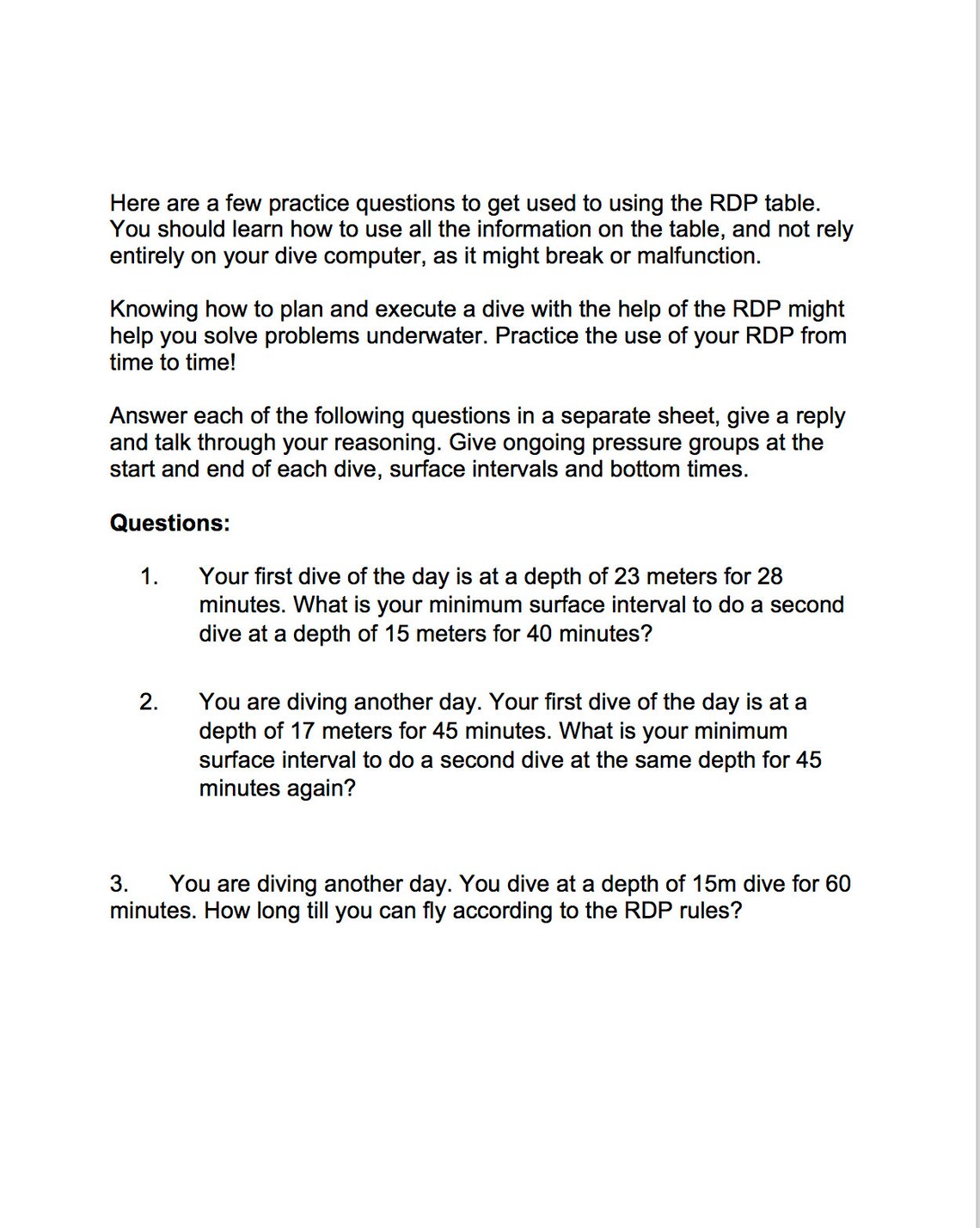 Recreational Diver Planner PADI Handout With Practise Mock Exam Test Q ...