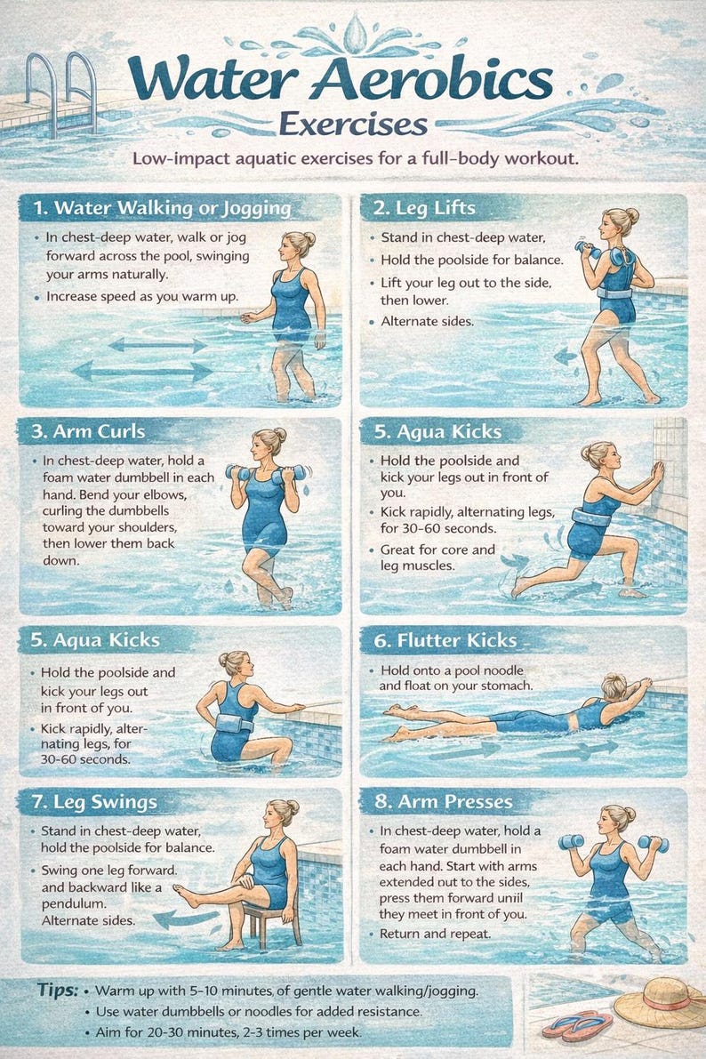 24 Water Aerobics Exercises Cards Stretches Water Aqua Aquatic Fitness ...