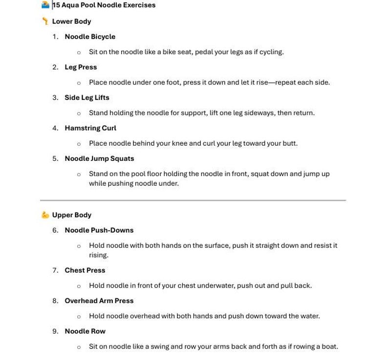 15 Pool Noodle Water Floatation Aerobics Exercises for Stretches Pdfs ...