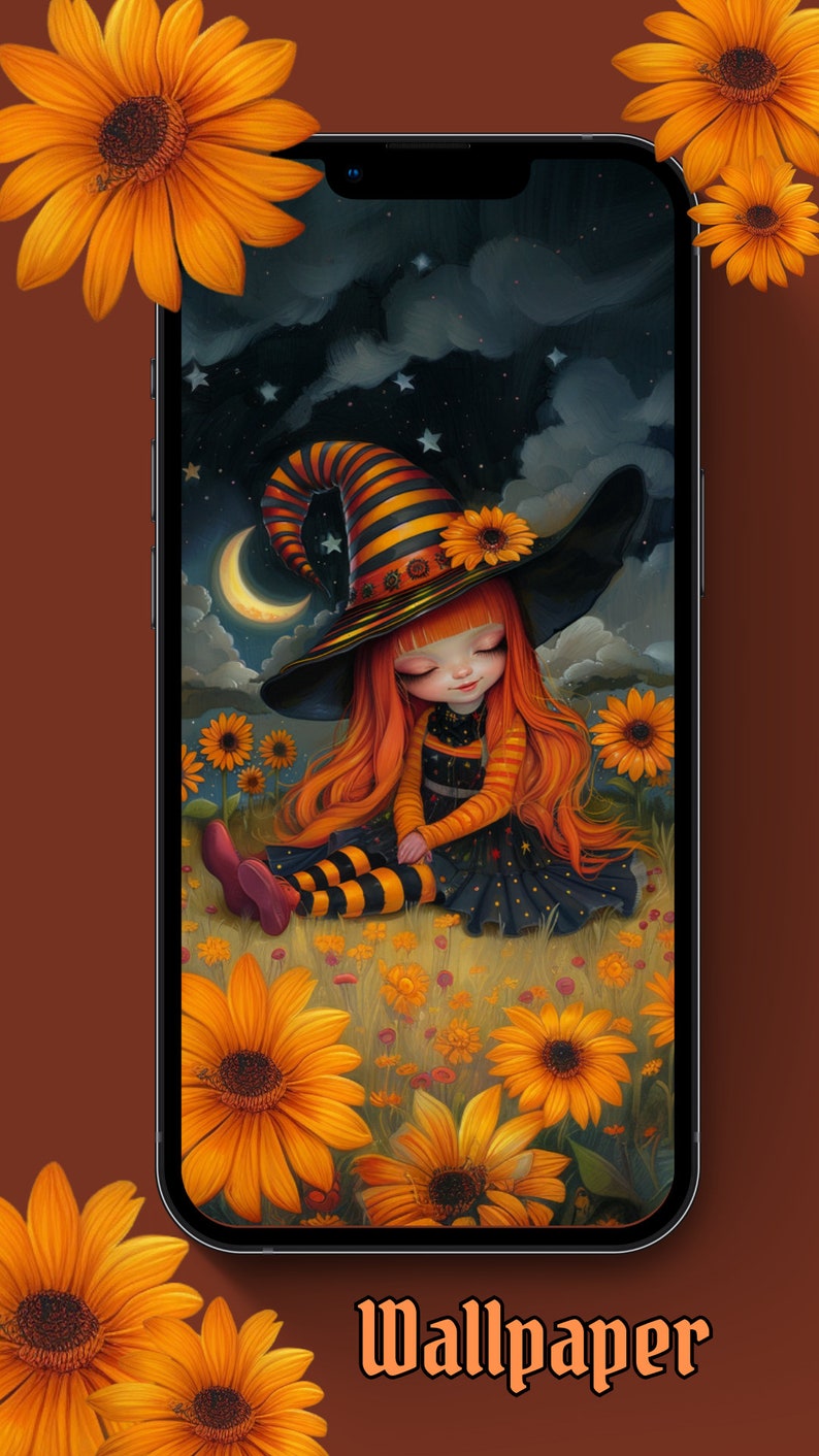 Whimsical Witch and Sunflowers, Desktop Wallpapers, Mobile Wallpapers ...