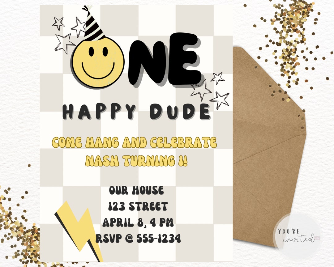 ONE Happy Dude Birthday Invitation First Birthday Smiley Face Theme ...