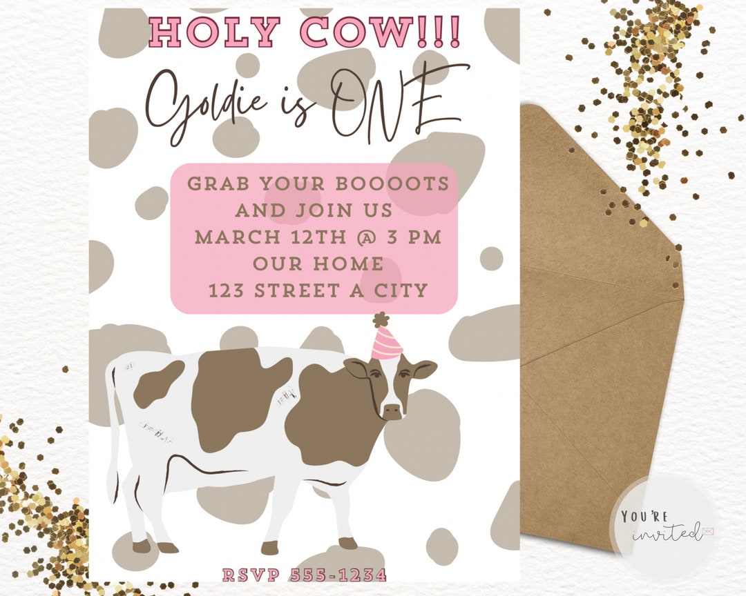 Holy Cow ONE Theme Invitation First Birthday Cow Theme Party Invite ...
