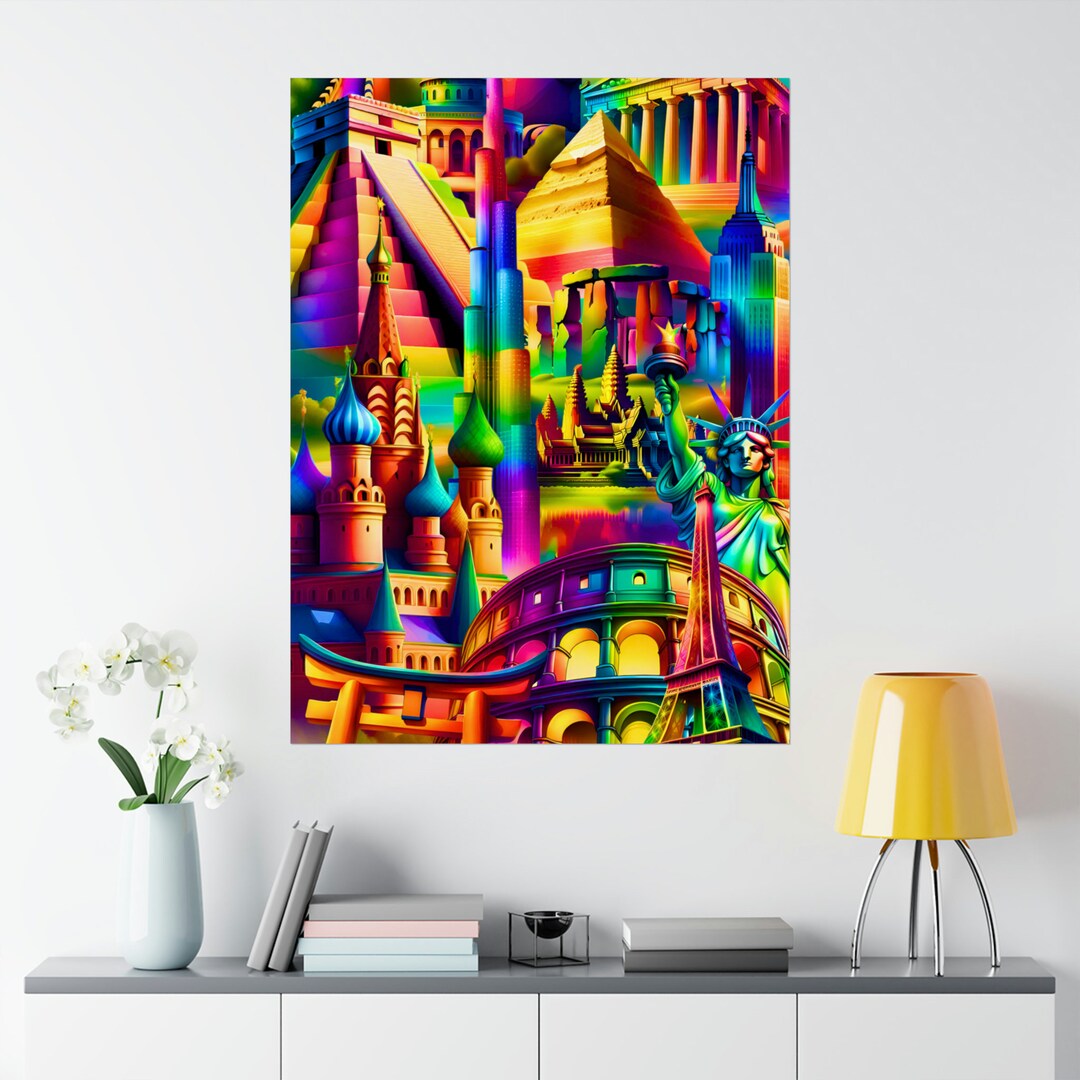 Rainbow World Travel Monuments Vertical Wall Art Matte Poster Colorful ...