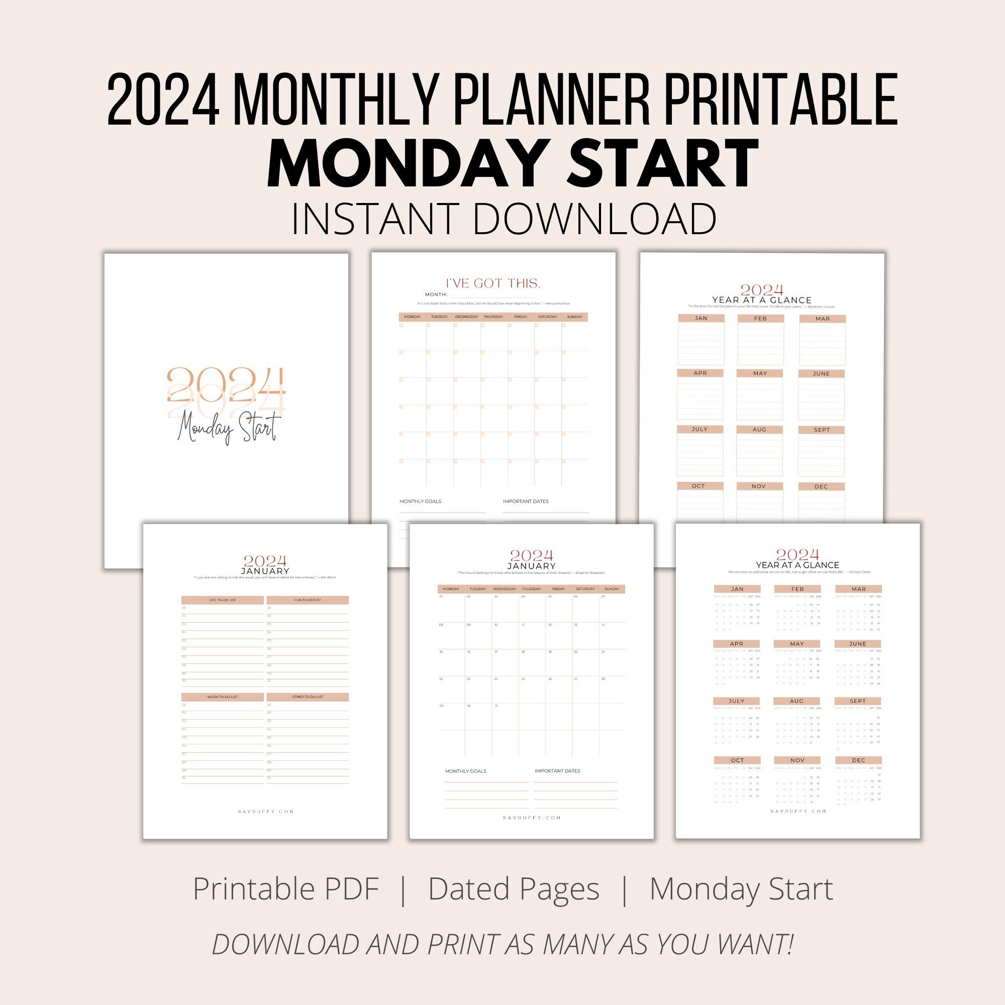 2024 Monthly Planner Printable | Monday Start | Year-at-a-glance | 2024 ...