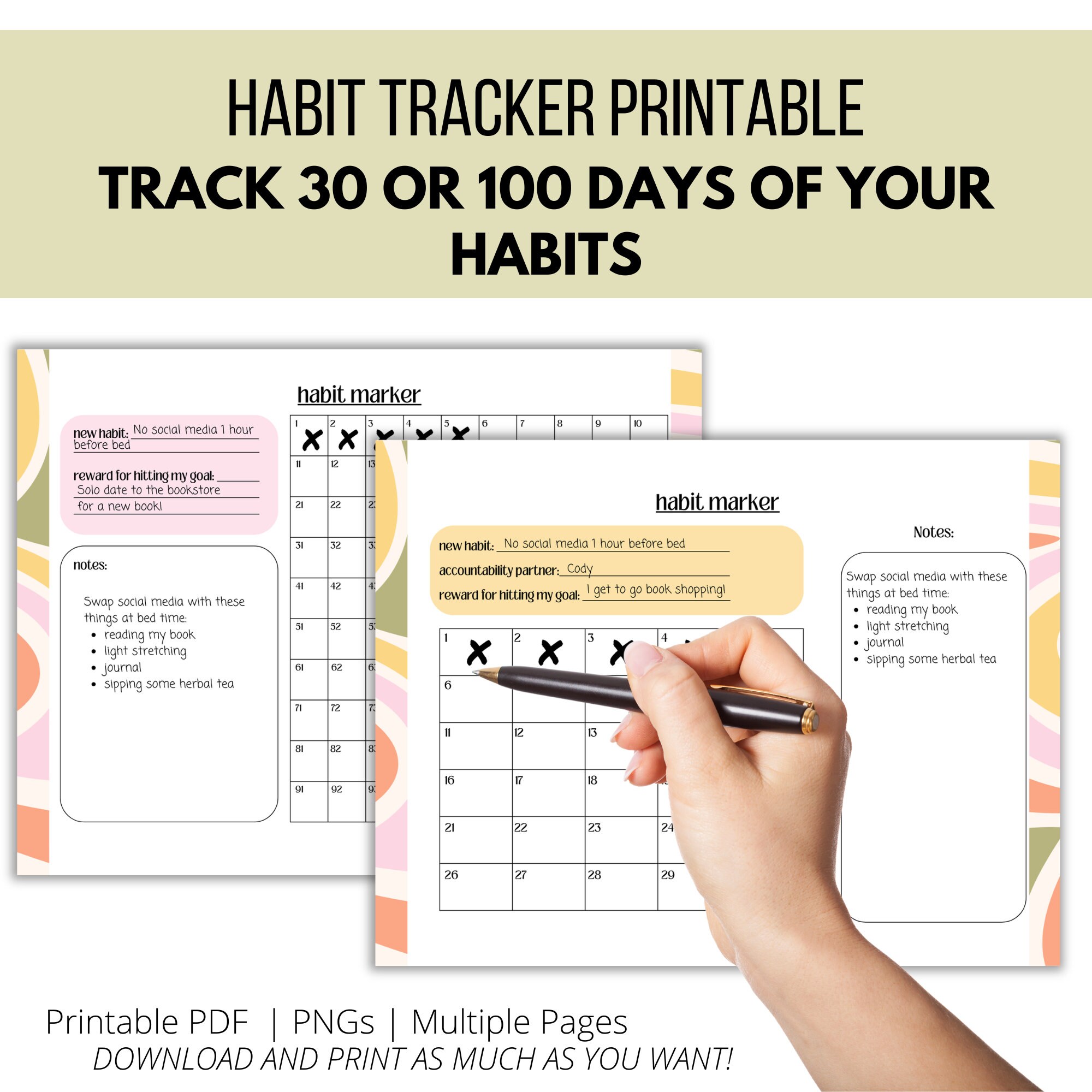 Habit Tracker Printable 30 Day Habit Tracker 100 Day Habit Tracker ...