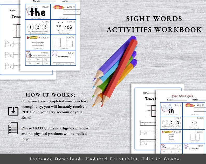 Sight Word Activities Workbook for Kids, Kindergarten Learning Book ...