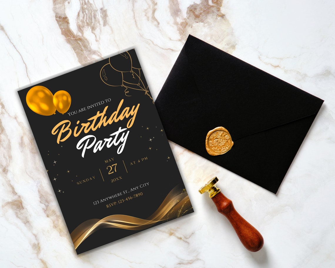 Printable Black and Golden Birthday Party Invitation, Editable Template ...