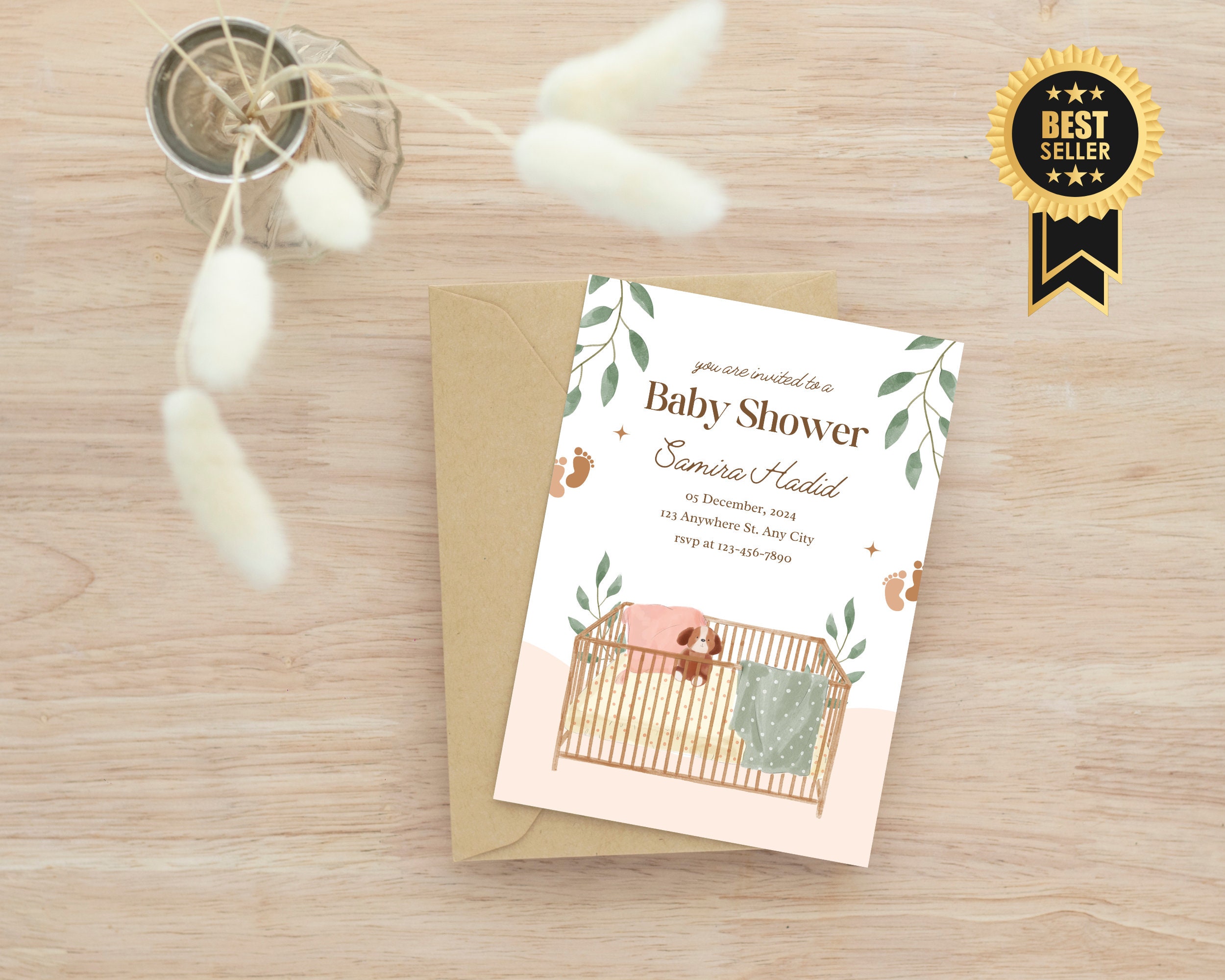 Brown and White Floral Baby Shower Invitation, Baby Shower Decorations ...
