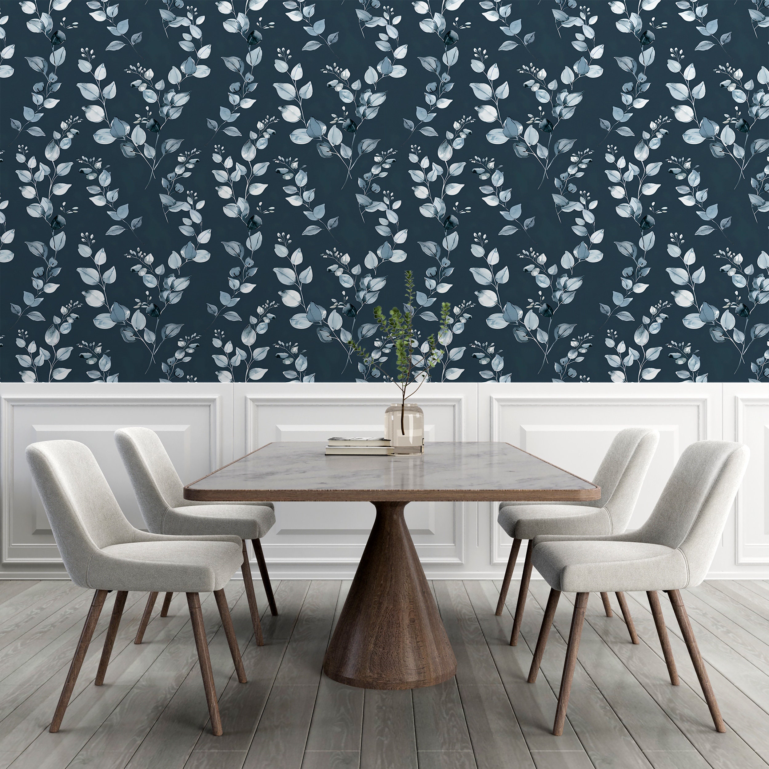 Dark Blue Botanical Wallpaper, Watercolor Grey Leaves Wallpaper, Peel ...