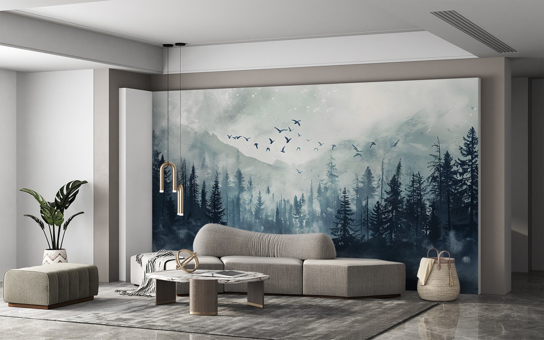 Dark Forest Wall Mural, Peel and Stick Black and Grey Pine Trees ...
