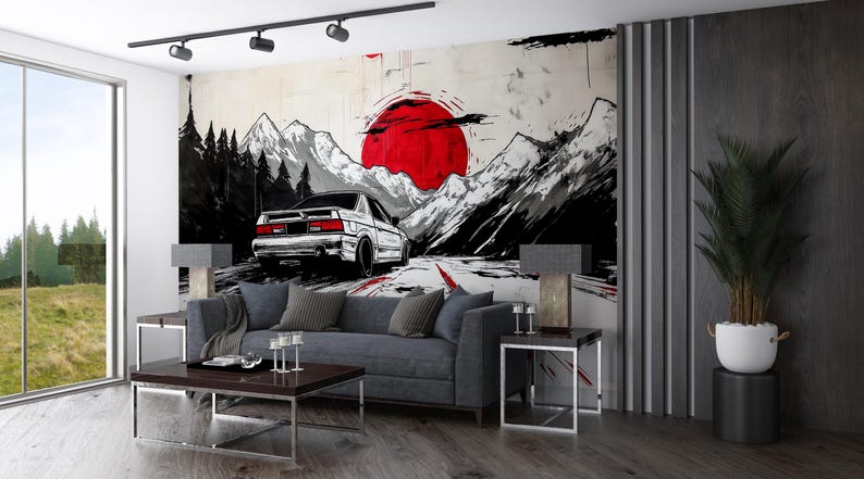 Vintage JDM Mountain Landscape Wallpaper With Red Sun and Car - Etsy
