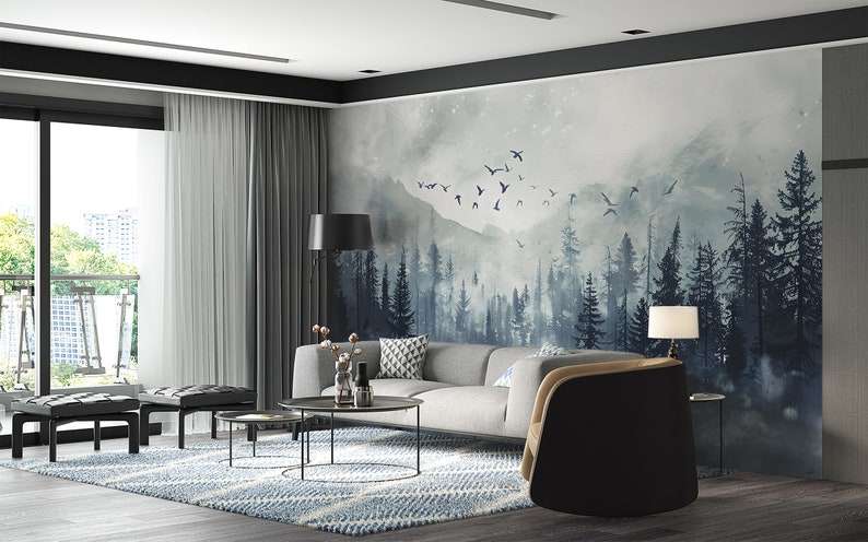 Dark Forest Wall Mural, Peel and Stick Black and Grey Pine Trees ...