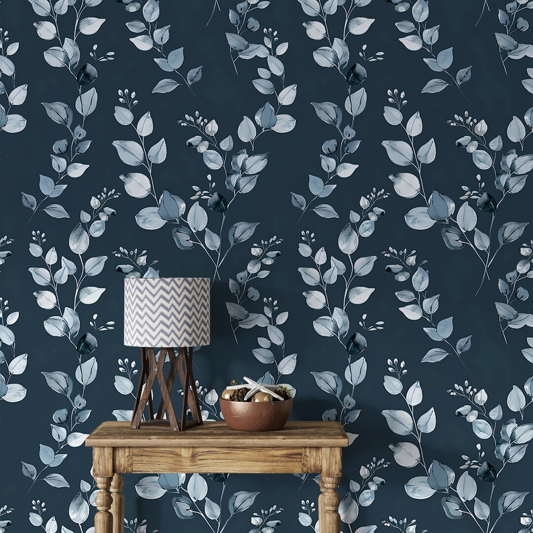 Dark Blue Botanical Wallpaper: Watercolor Leaves, Peel and Stick Wall ...