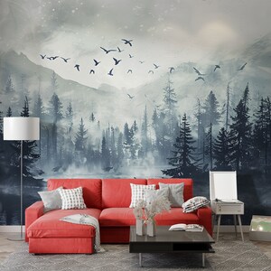 Dark Forest Wall Mural, Peel and Stick Black and Grey Pine Trees ...