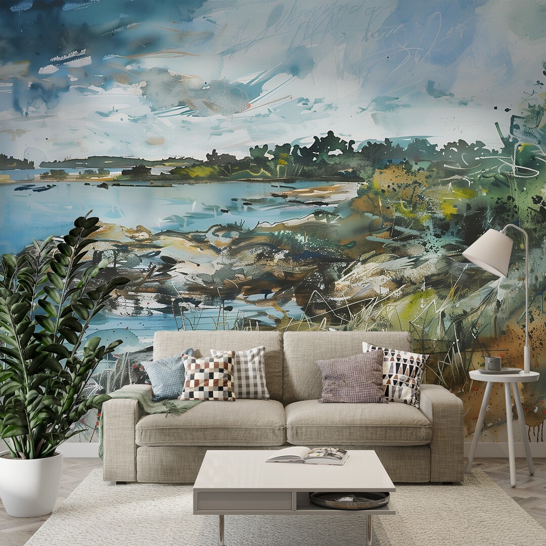 Watercolor Lake Landscape Wall Mural: Abstract Nature Peel and Stick ...