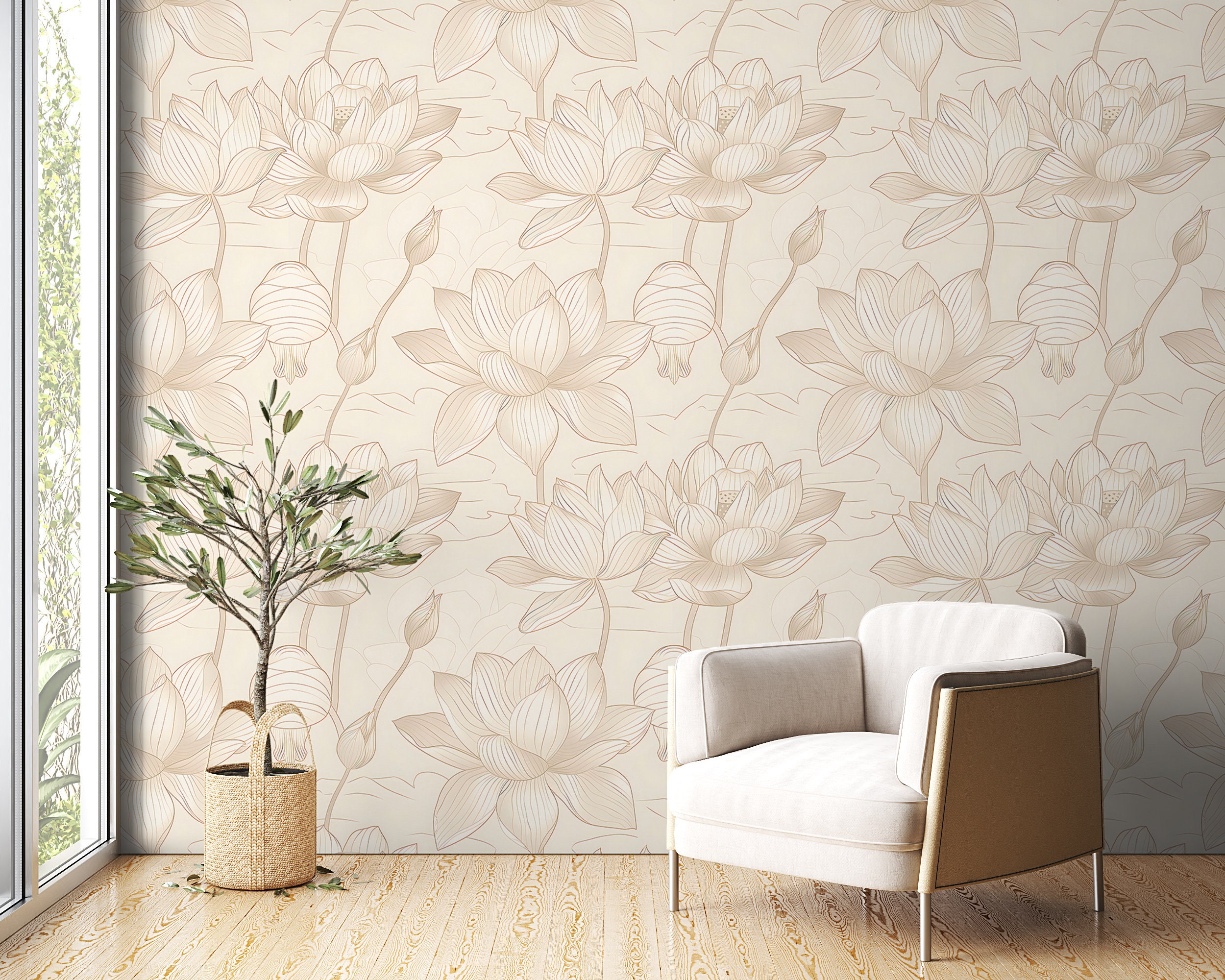 Beige Lotus Wallpaper: Minimalist Floral Peel and Stick Decal - Etsy