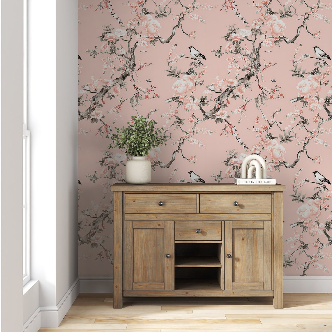 Soft Pink Chinoiserie Wallpaper, Peel and Stick Pink Floral Wallpaper ...