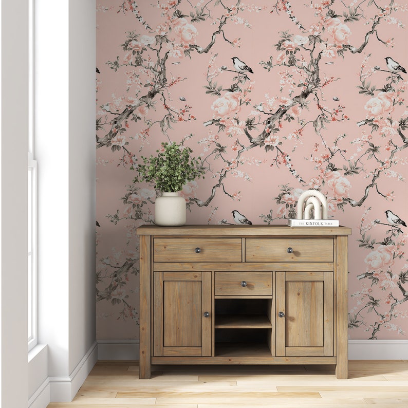 Soft Pink Chinoiserie Wallpaper, Peel and Stick Pink Floral Wallpaper ...