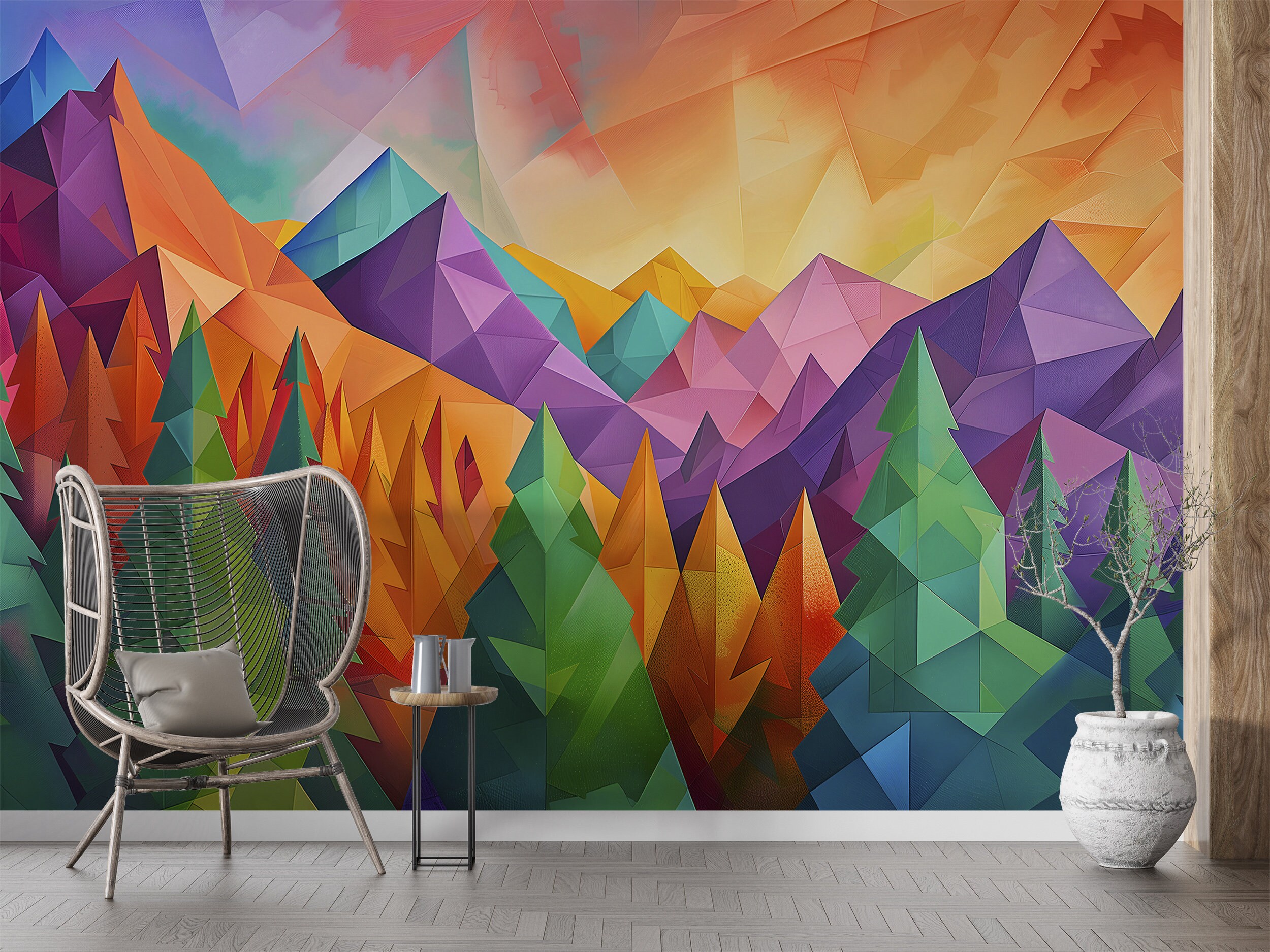 Cubism Style Mountain Mural: Colorful Geometric Forest, Peel and Stick ...