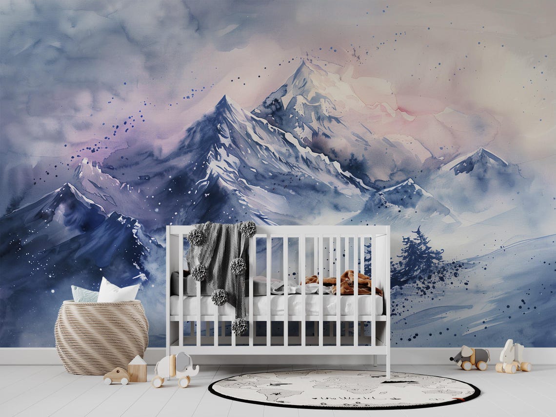 Snowy Mountain Wall Mural: Watercolor Winter Landscape Peel and Stick ...
