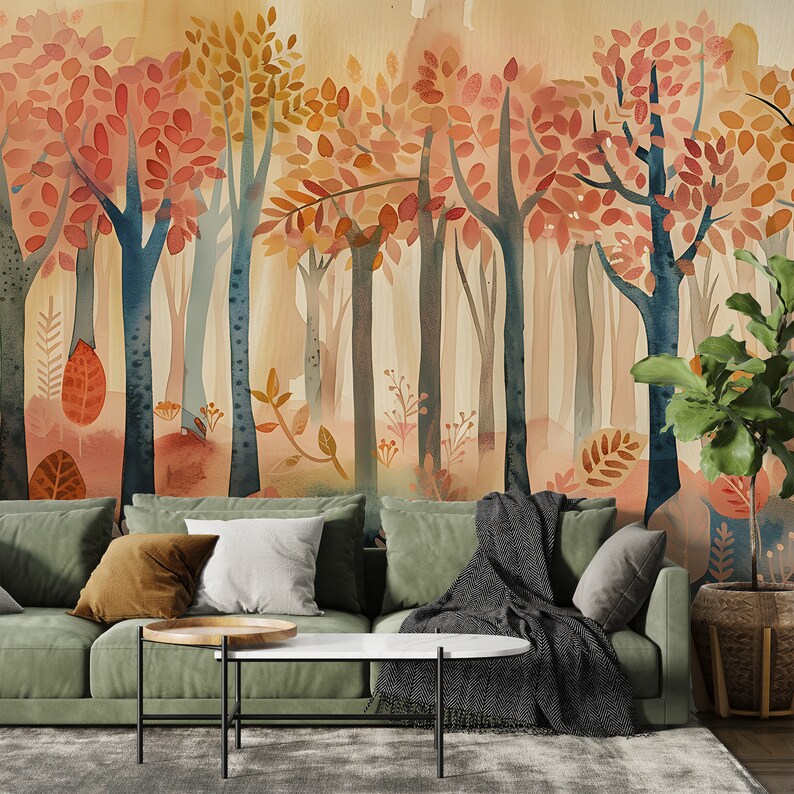 Watercolor Autumn Forest Mural: Peel and Stick Wallpaper, PVC Free - Etsy