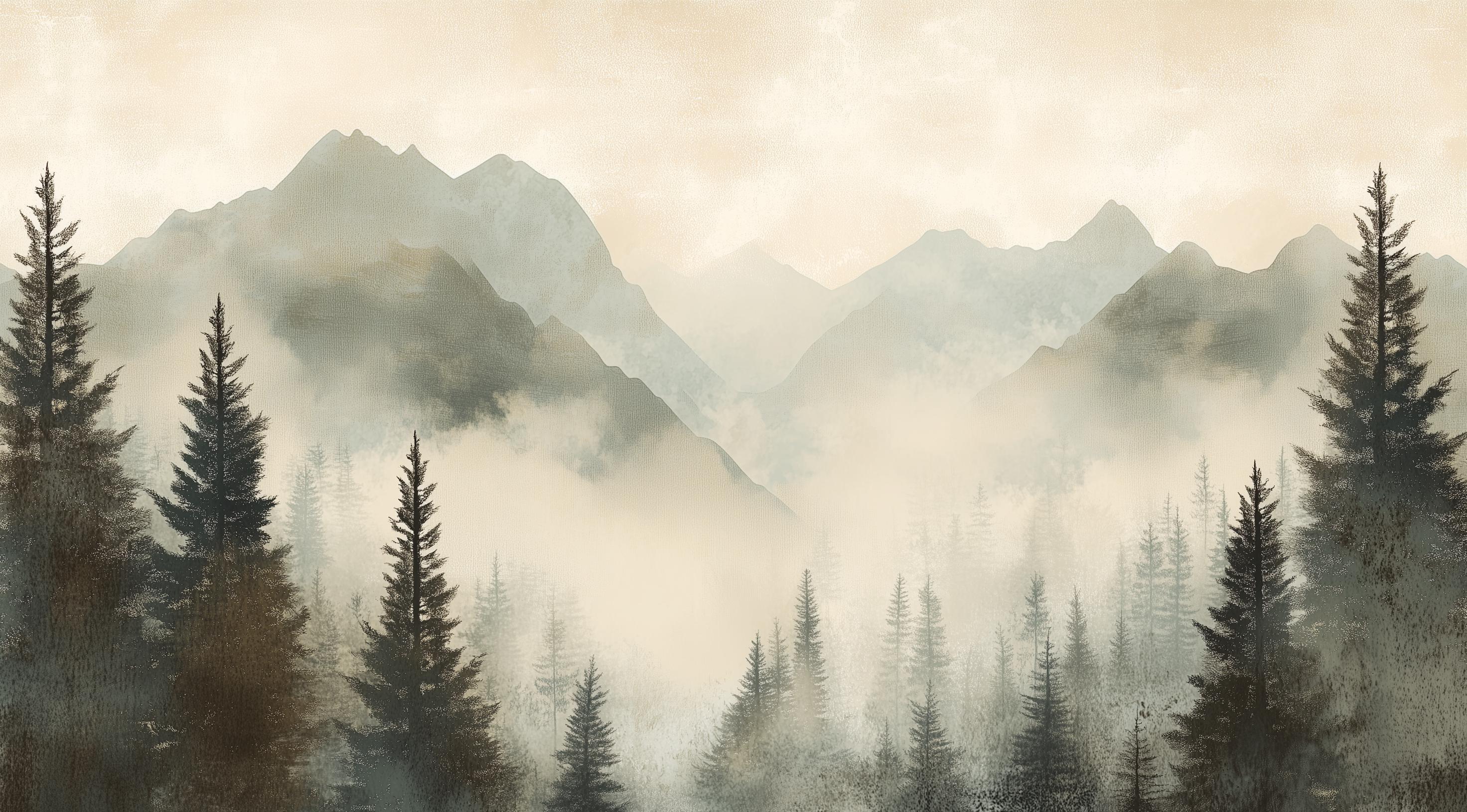 Watercolor Beige Misty Mountains Mural, Peel and Stick Retro Style ...