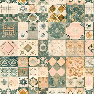 Moroccan Wallpaper, Patchwork Tiles Wallpaper, Green and Beige Tiles ...