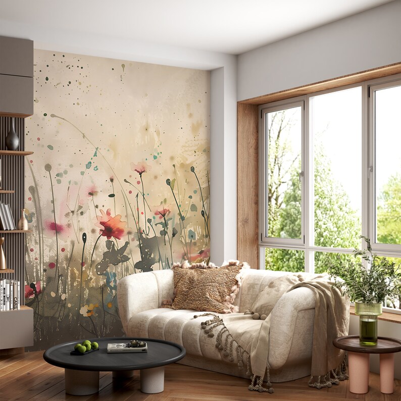 Abstract Watercolor Flower Field Mural, Peel and Stick Meadow Flowers ...