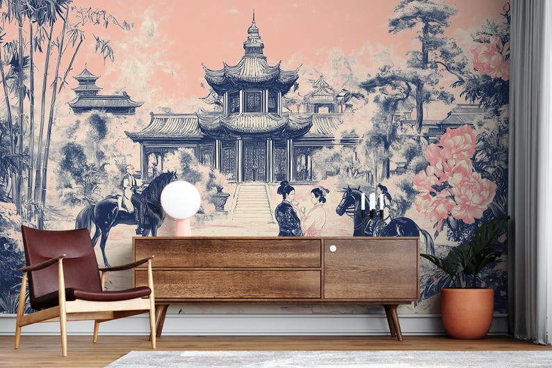 Traditional Japanese House Mural, Peel and Stick Rustic Pink and Grey ...