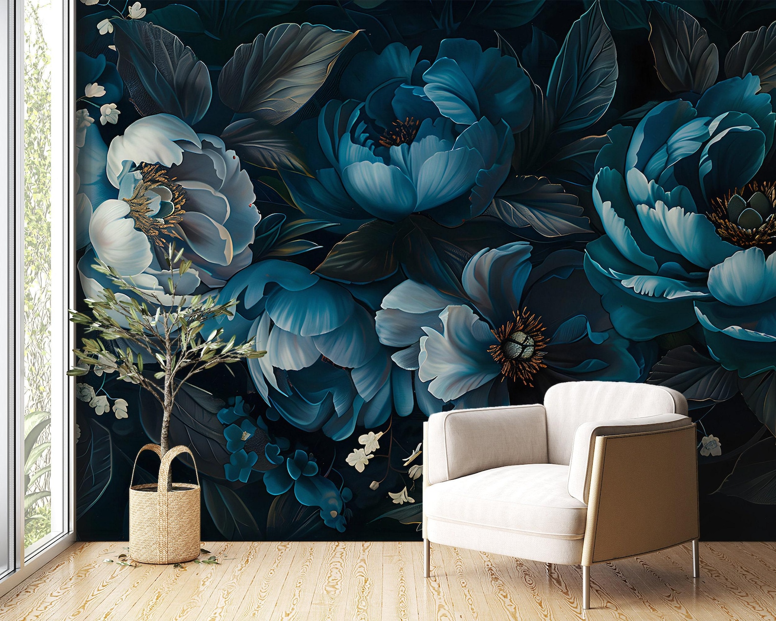 Dark Blue Peonies Mural: Peel and Stick Floral Wallpaper - Etsy
