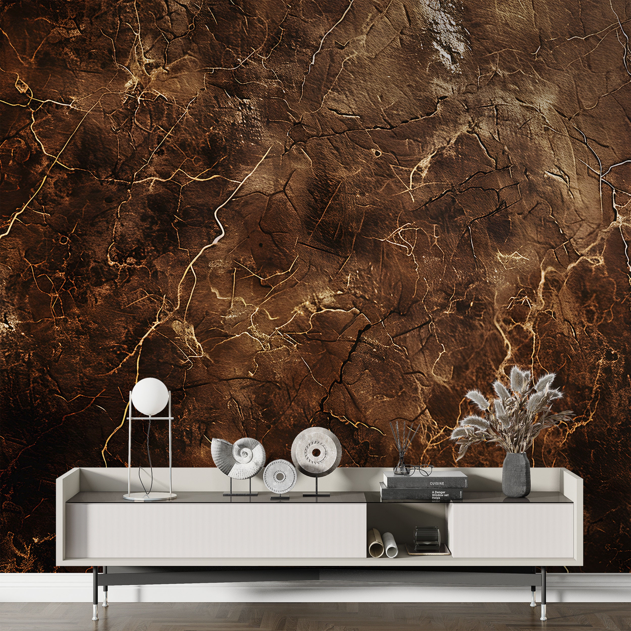Dark Brown & Gold Marble Mural, Self-adhesive Stone Texture Wallpaper ...