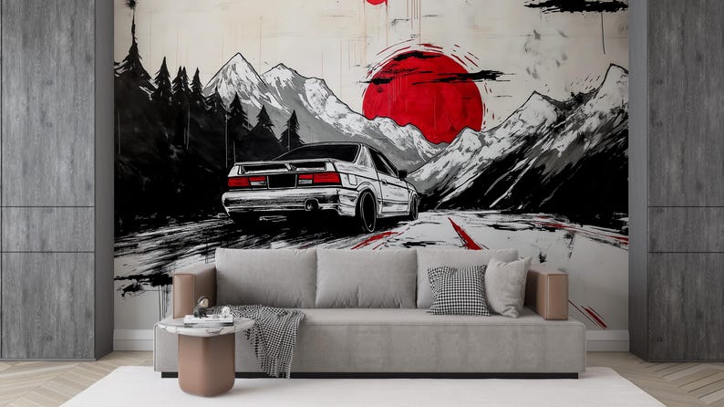 Vintage JDM Mountain Landscape Wallpaper With Red Sun and Car - Etsy
