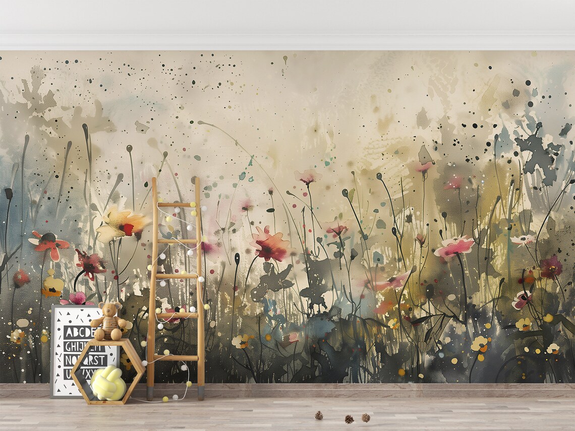 Abstract Watercolor Flower Field Mural, Peel and Stick Meadow Flowers ...