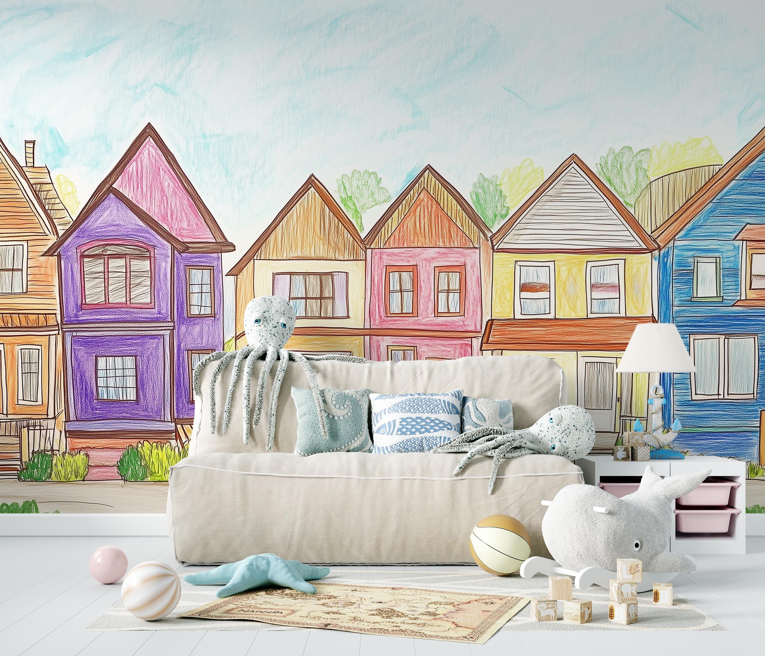 Colorful Houses Drawn With Crayons Wall Mural, Peel and Stick Nursery ...