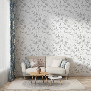 Grey and White Floral Wallpaper, Removable Light Botanical Leaves, Peel ...