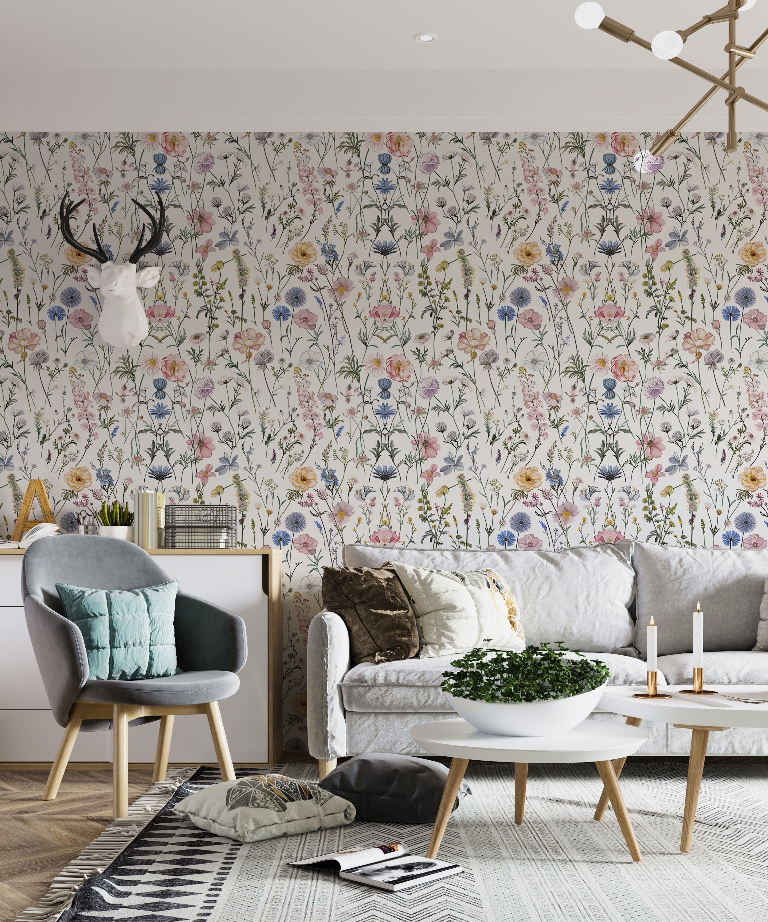 Delicate Flowers in Pastel Colors Wallpaper, Peel and Stick Light ...