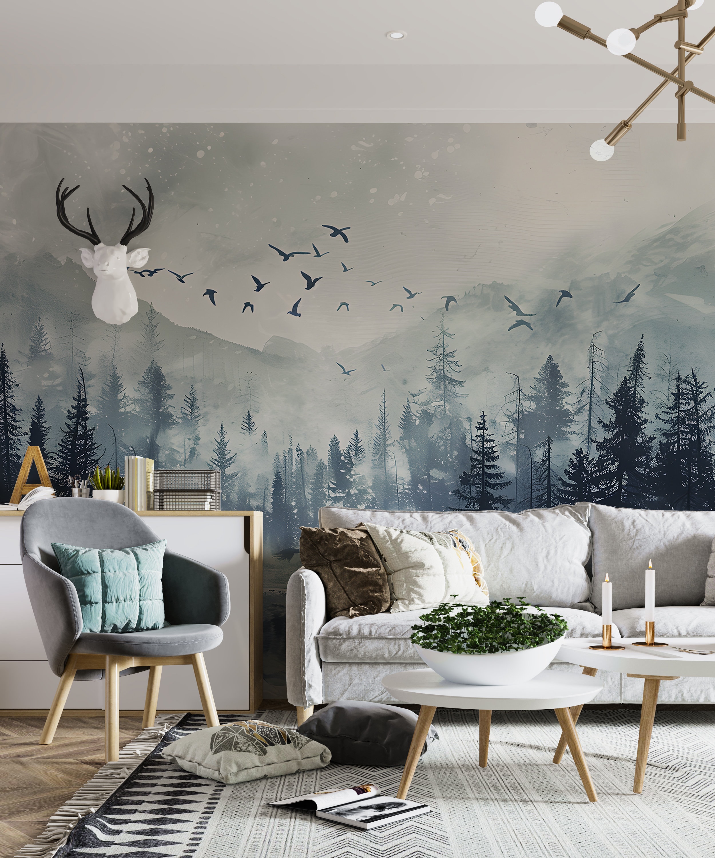 Dark Forest Wall Mural, Peel and Stick Black and Grey Pine Trees ...