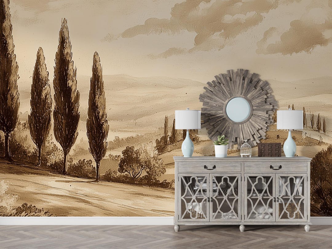 Scenic Mural in Sepia Style Mural, Peel and Stick Vintage Field ...