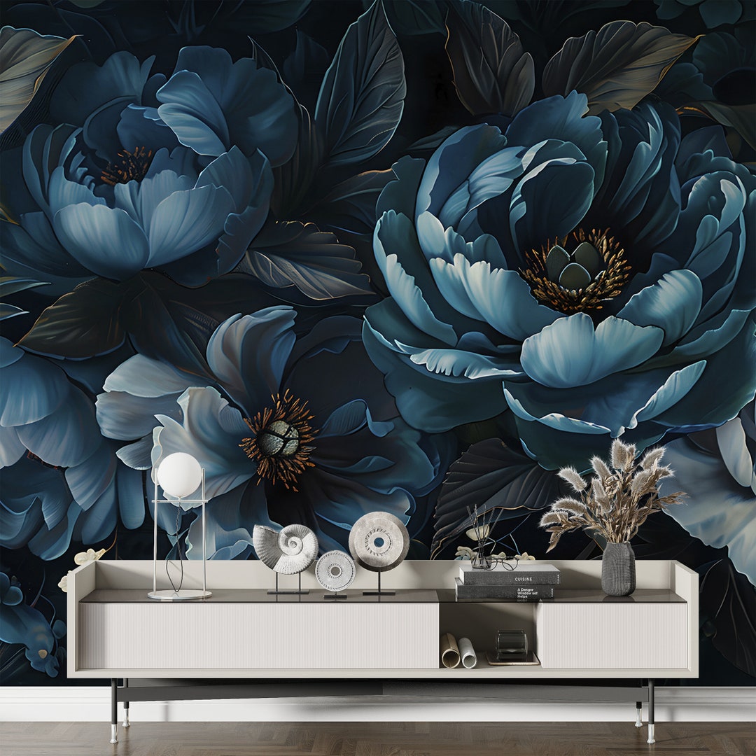 Dark Blue Peonies Mural: Peel and Stick Floral Wallpaper - Etsy