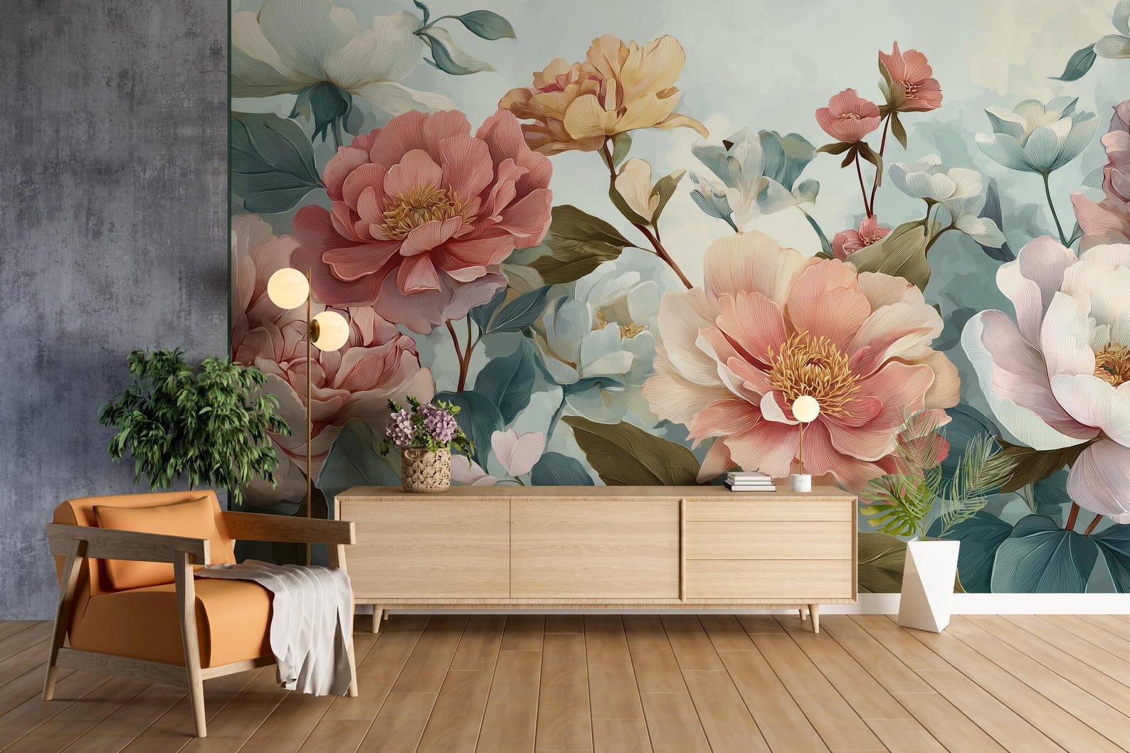 Elegant Floral Wall Mural With Large Pastel Peonies in Soft Artistic ...