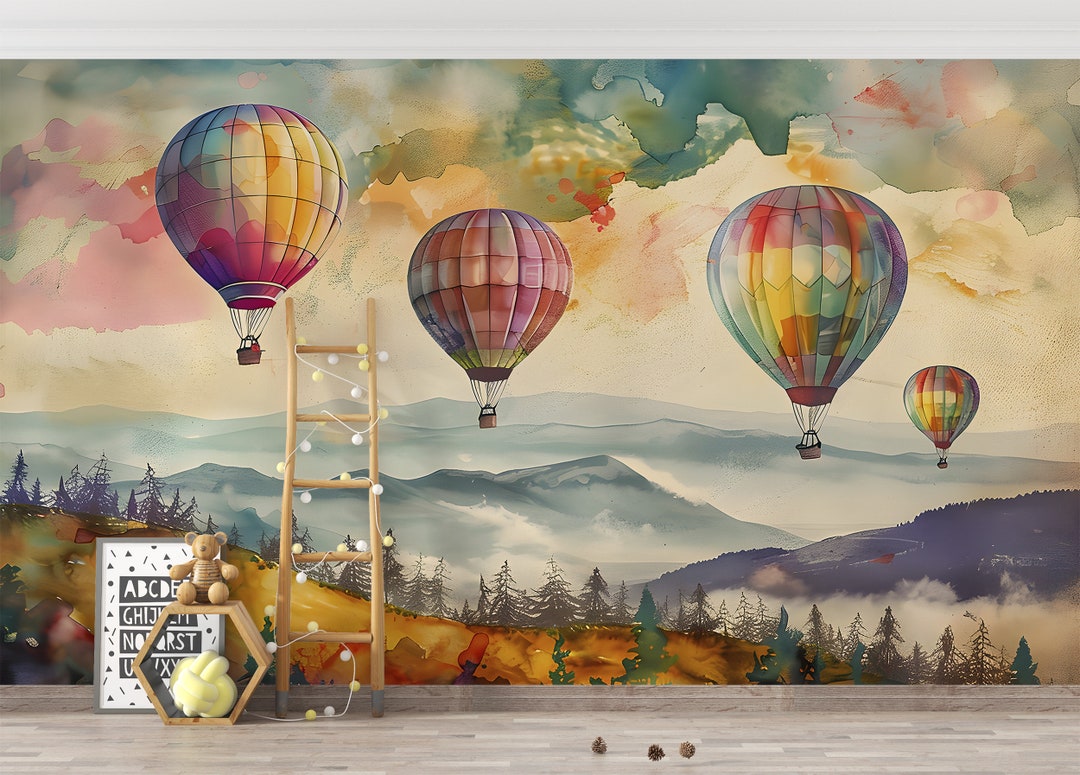 Watercolor Hot Air Balloon Mural: Peel and Stick Nursery Wall Decal - Etsy