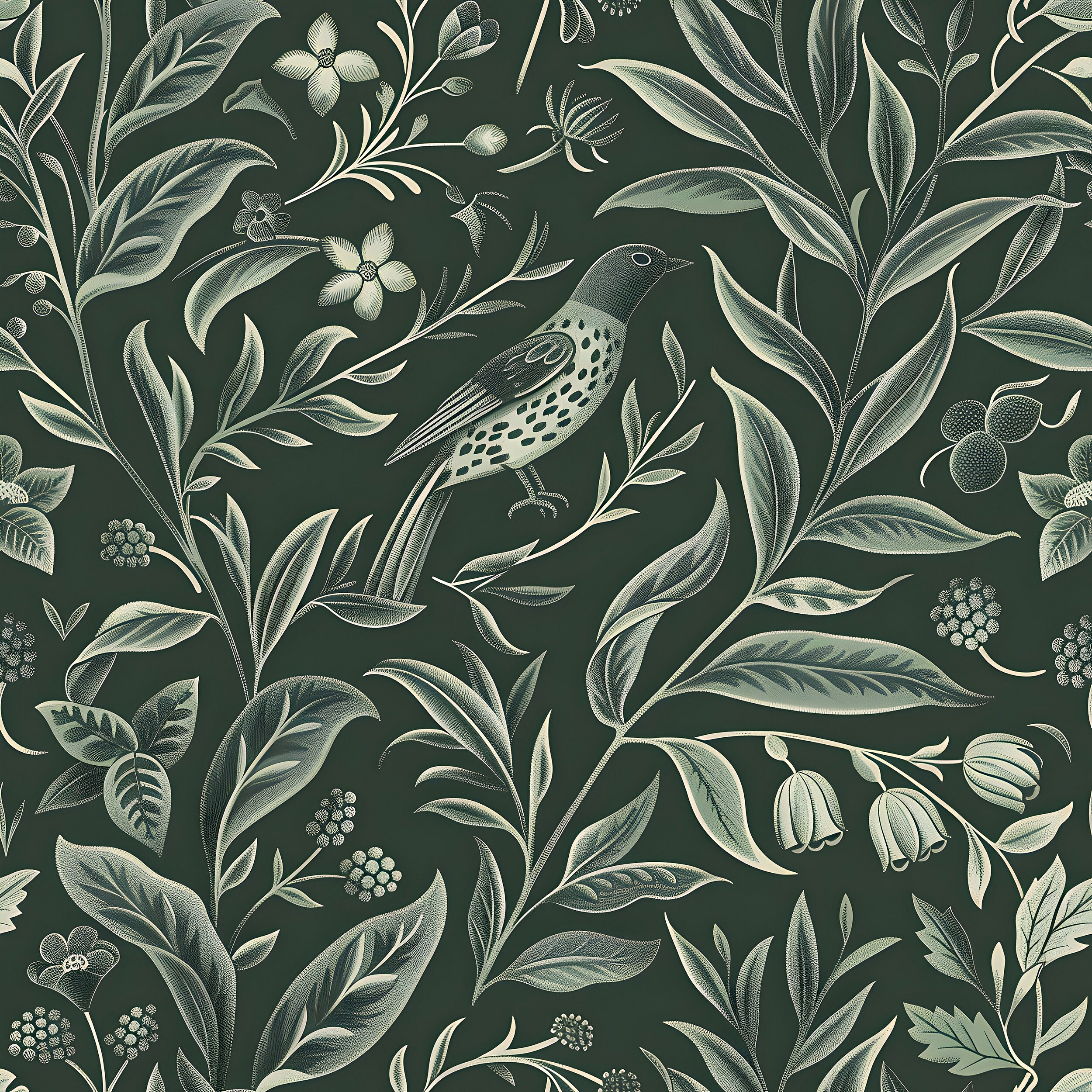 Vintage Green Floral Wallpaper, Dark Green Botanical Classic Wall Decal ...