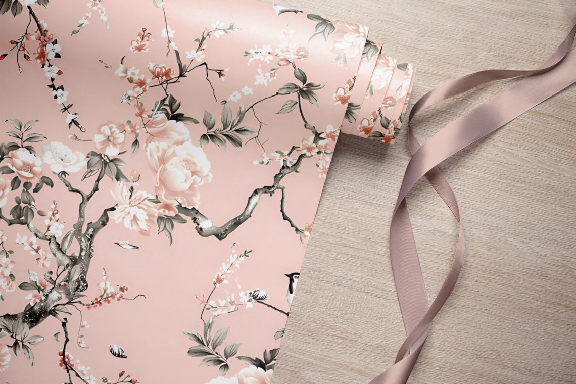 Soft Pink Chinoiserie Wallpaper, Peel and Stick Pink Floral Wallpaper ...