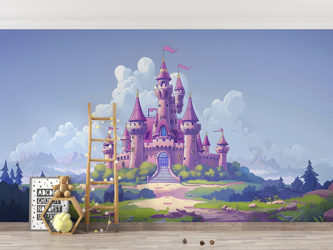 Pink Princess Castle Mural, Peel and Stick Nursery Dreamy Castle Wallpaper, Cartoon Style Kids ...
