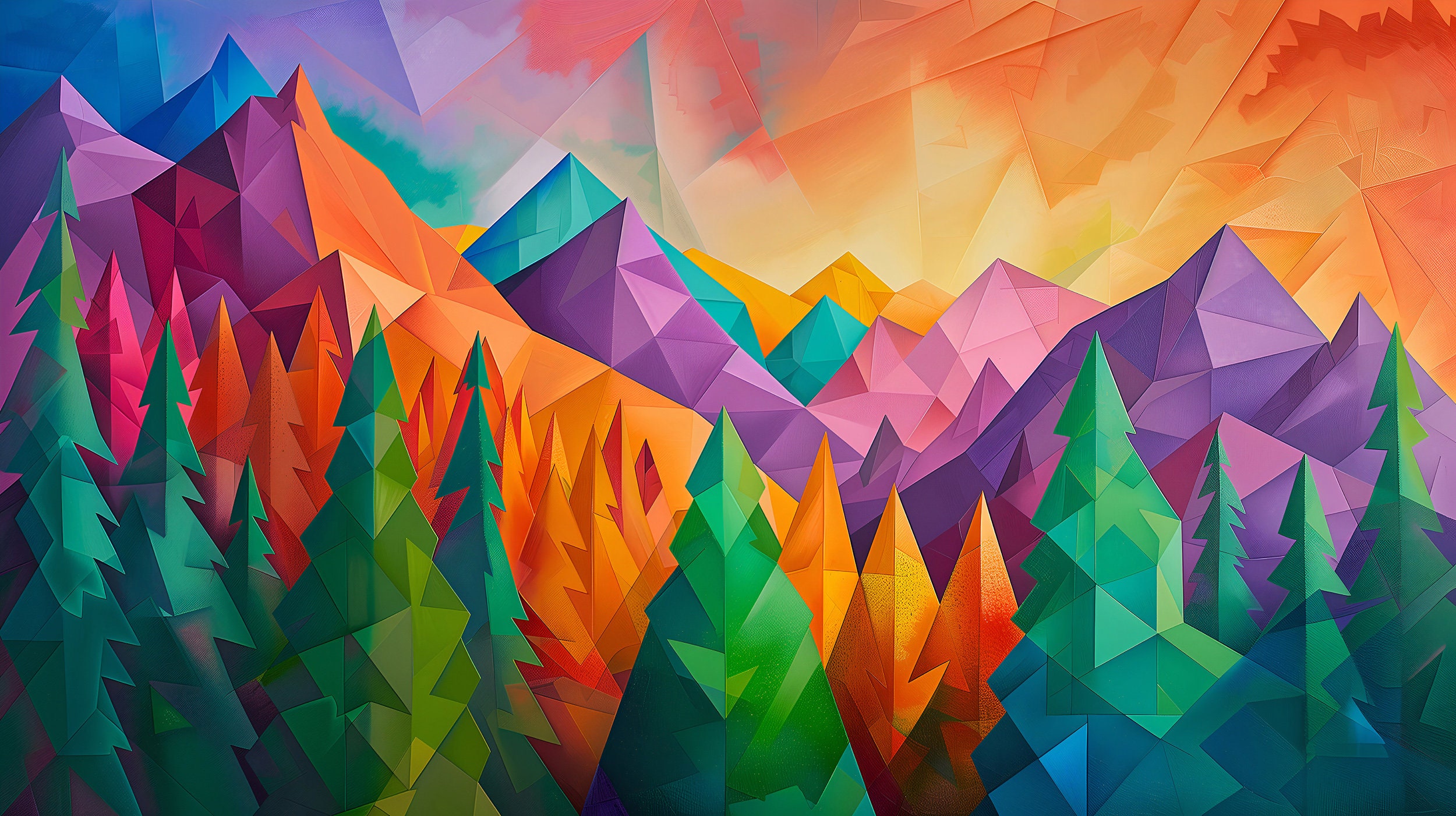 Cubism Style Mountain Mural: Colorful Geometric Forest, Peel and Stick ...