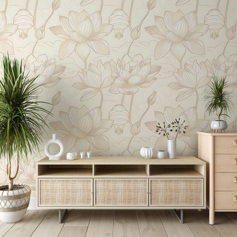 Beige Lotus Wallpaper: Minimalist Floral Peel and Stick Decal - Etsy