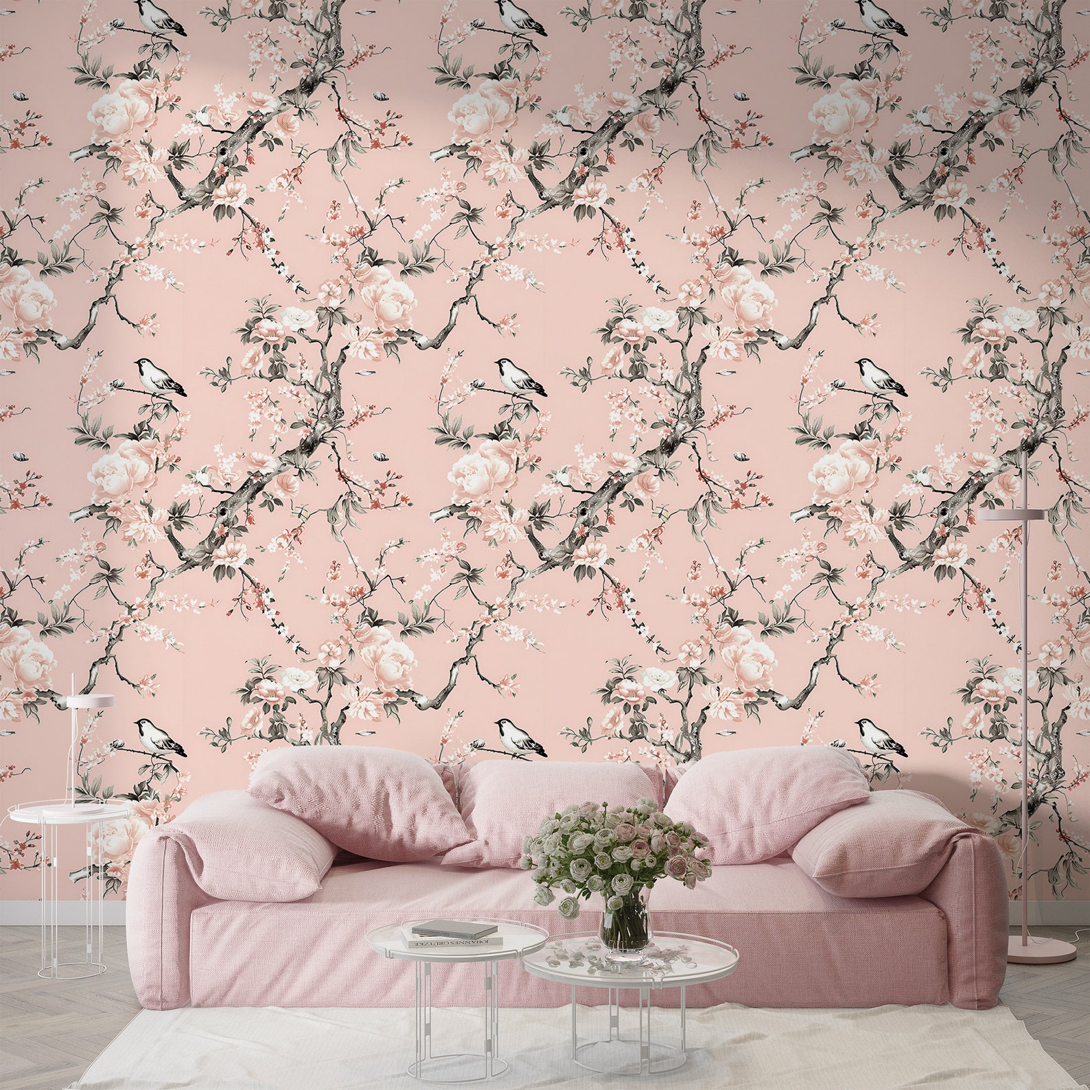 Soft Pink Chinoiserie Wallpaper, Peel and Stick Pink Floral Wallpaper ...