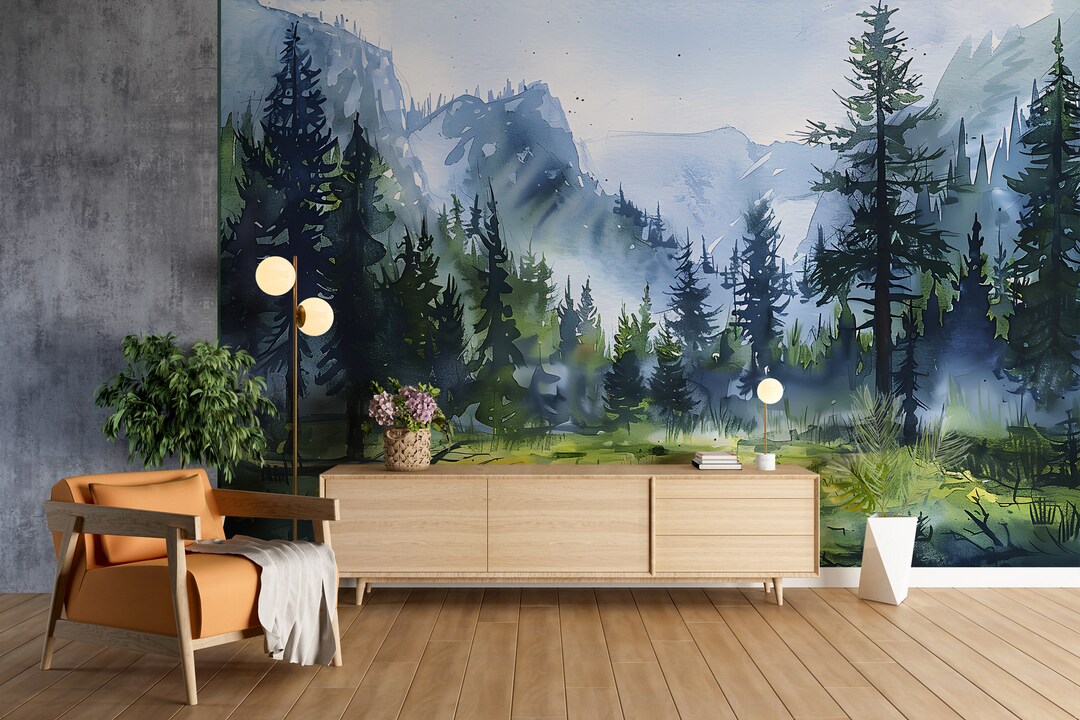 Watercolor Nature Wall Mural, Peel and Stick Mountain Landscape Art ...