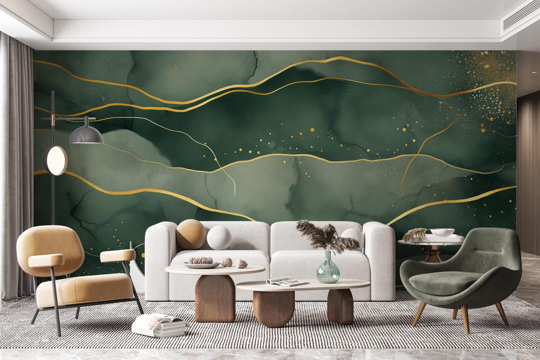 Matte Green With Golden Lines Marble Mural, Peel and Stick Dark Green ...